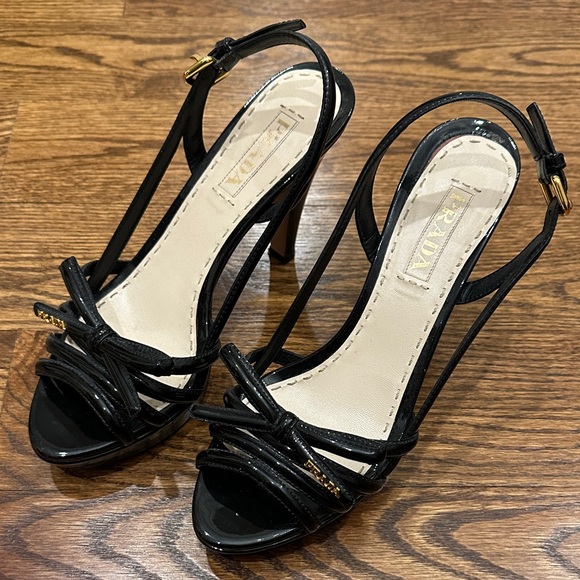 Prada | Shoes | Prada Black Patent Platform Strappy Heels With Gold ...